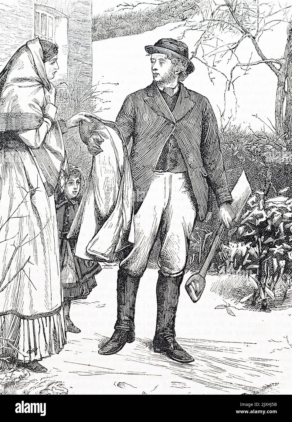 Illustration depicting a labourer setting off for work on a winter ...