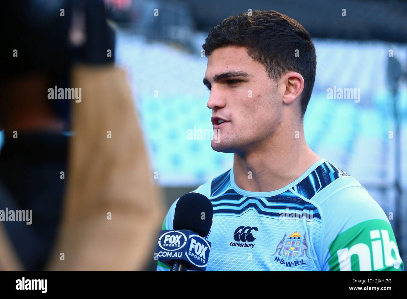 Nathan Cleary of the NSW Blues speaks during a media session at ANZ ...