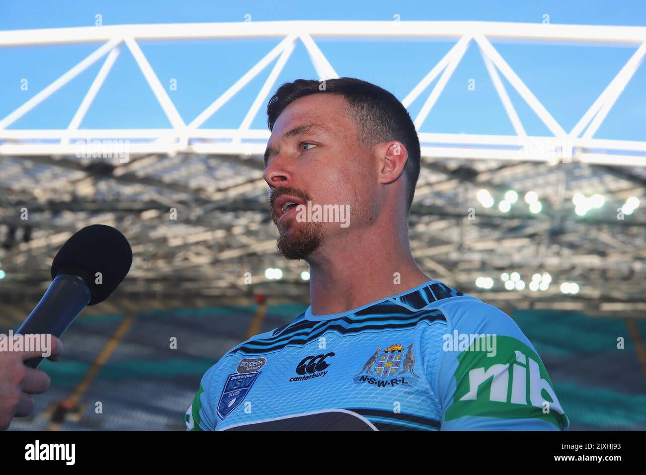 Damien Cook of the NSW Blues speaks during a media session at ANZ ...