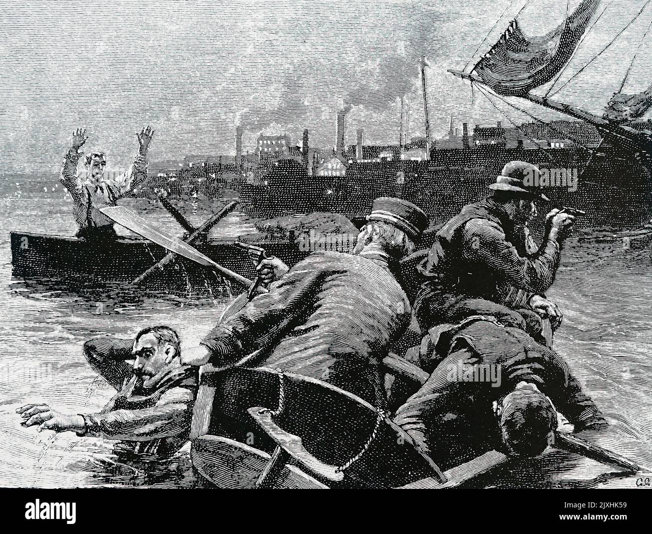 Illustration depicting New York river police patrol apprehending ...