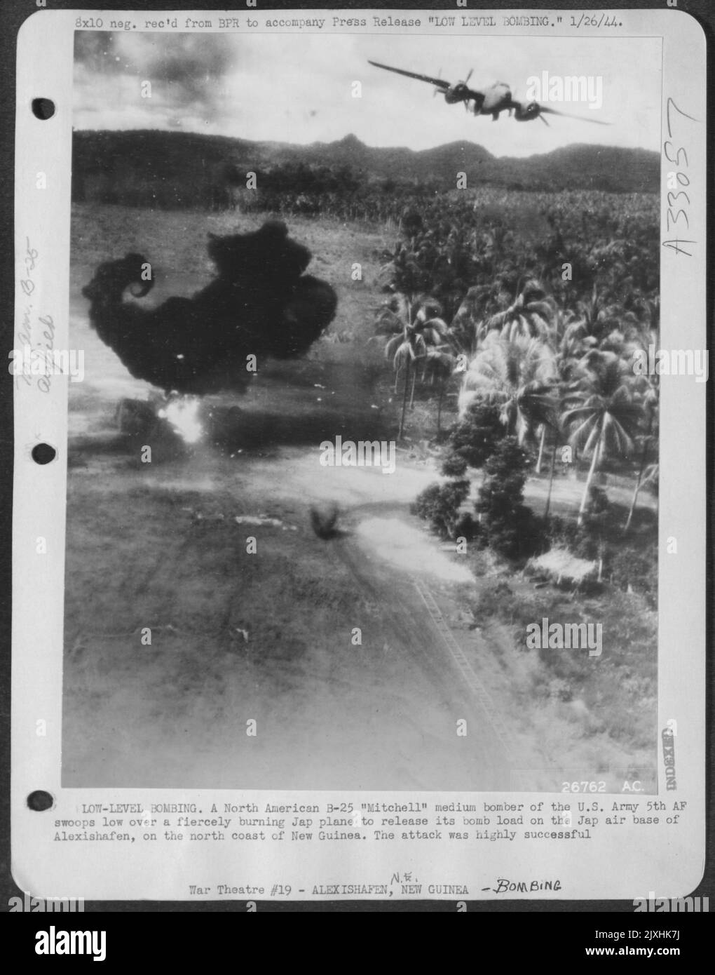 LOW-LEVEL BOMBING. A North American B-25 "Mitchell" medium bomber of ...