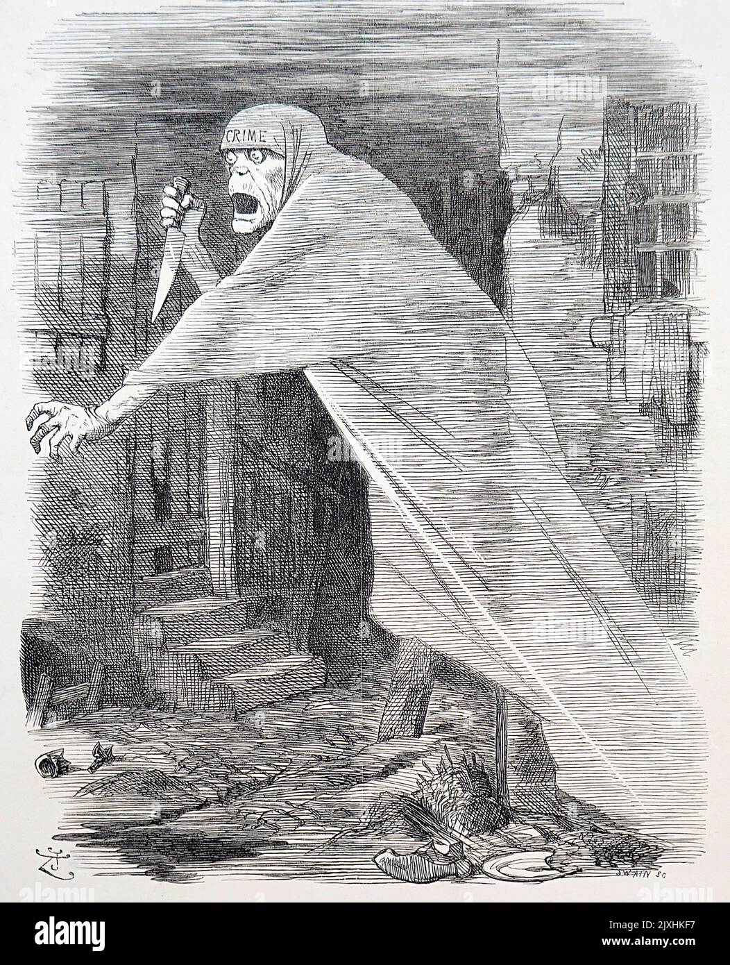 Cartoon depicting 'Crime' as a ghost stalking his next victim to stab ...