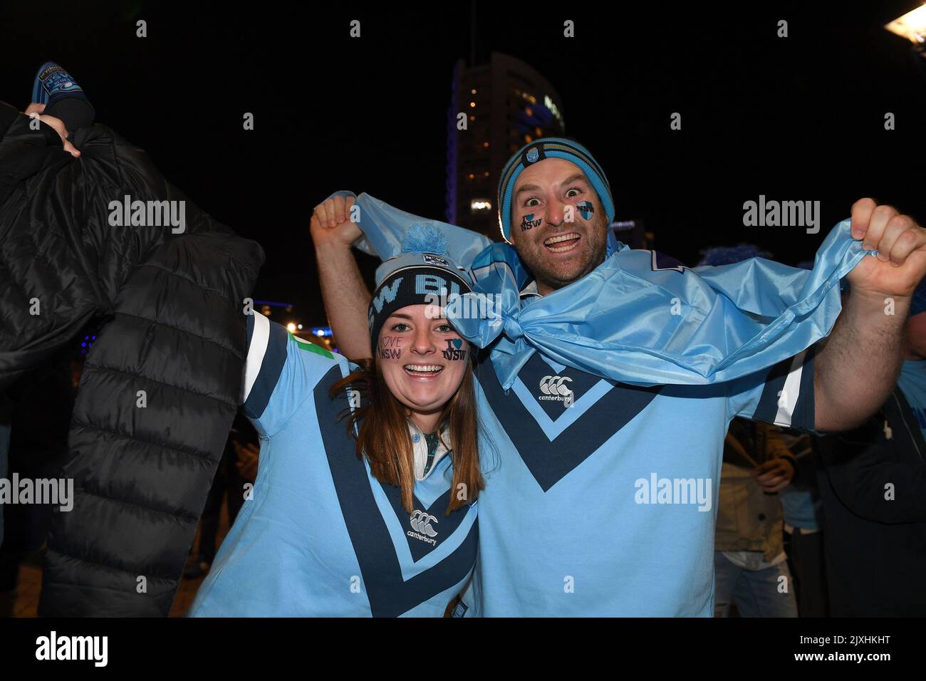 Blues supporters Imogen Park and Dan Smith pose for a photograph ahead ...