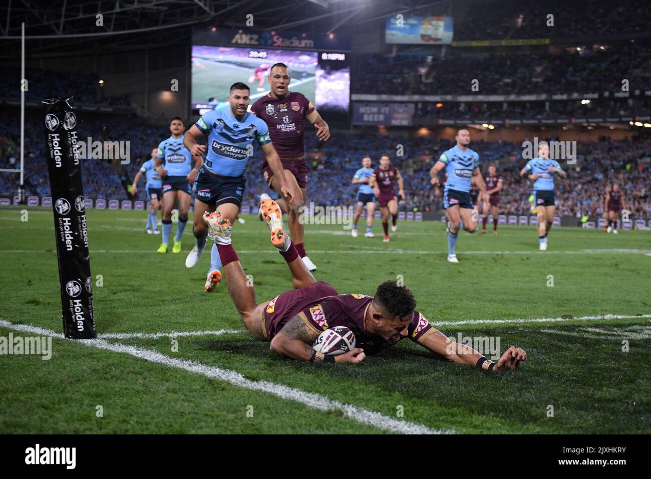 Dane Gagai of the Queensland Maroons scores a try during Game 2 of the ...