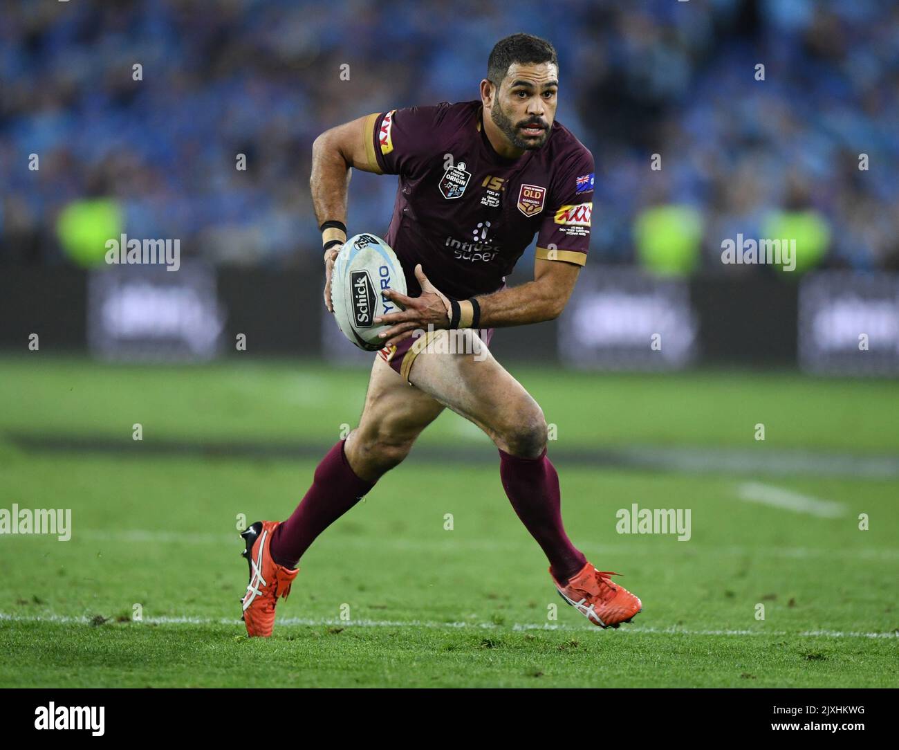 Greg Inglis of the Maroons runs with the ball during Game 2 of the 2018 ...