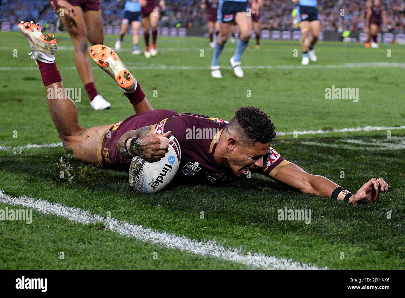 Dane Gagai of the Maroons scores a try during Game 2 of the 2018 State ...