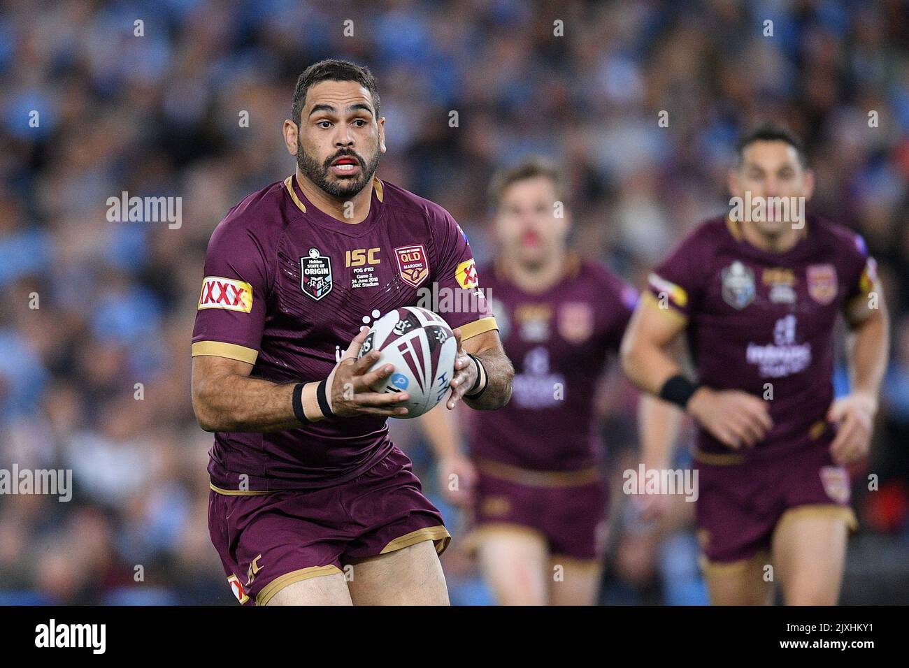 Greg Inglis of the Maroons runs with the ball during Game 2 of the 2018 ...