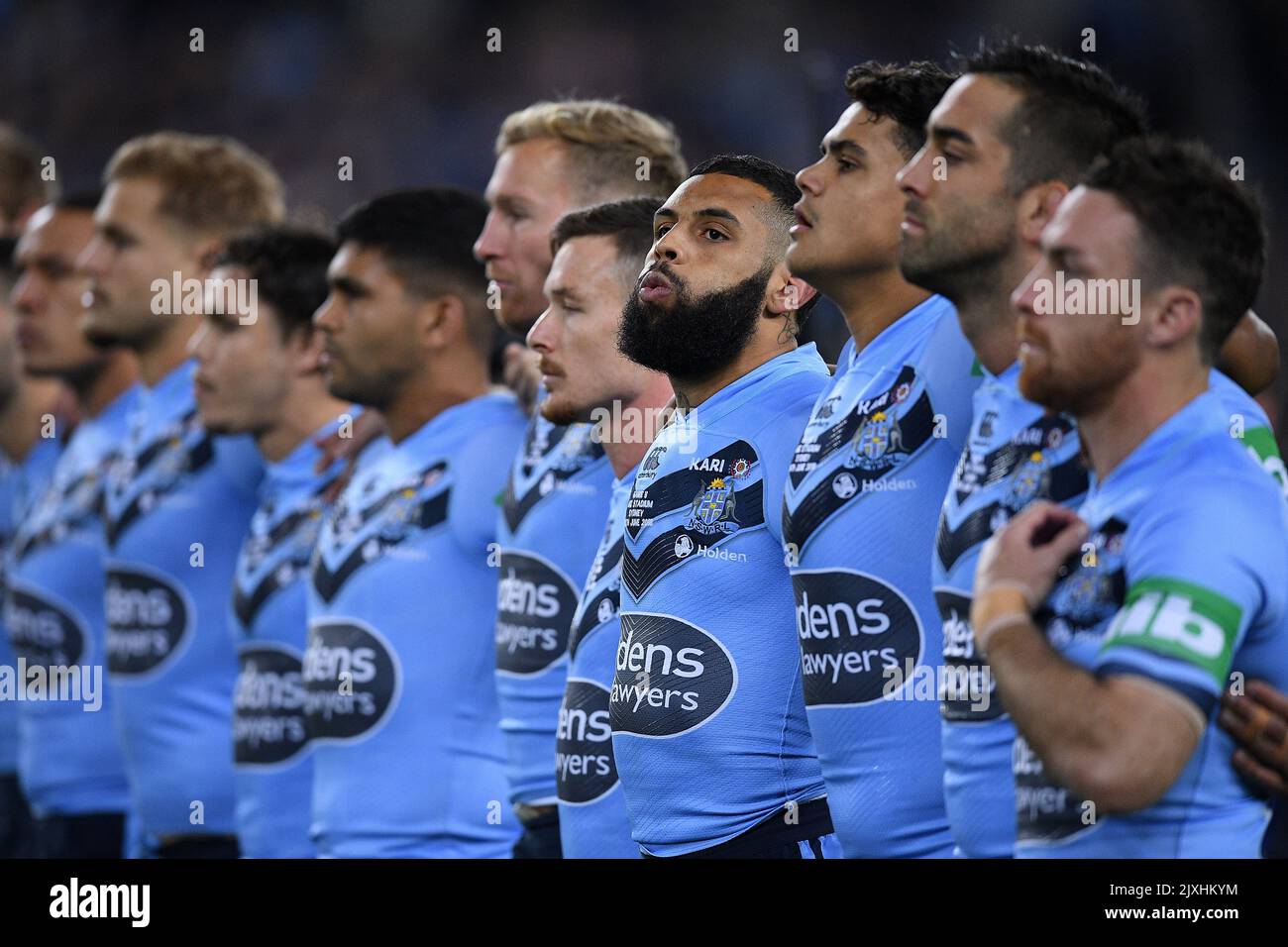 NSW Blues players sing the national anthem during Game 2 of the 2018 ...