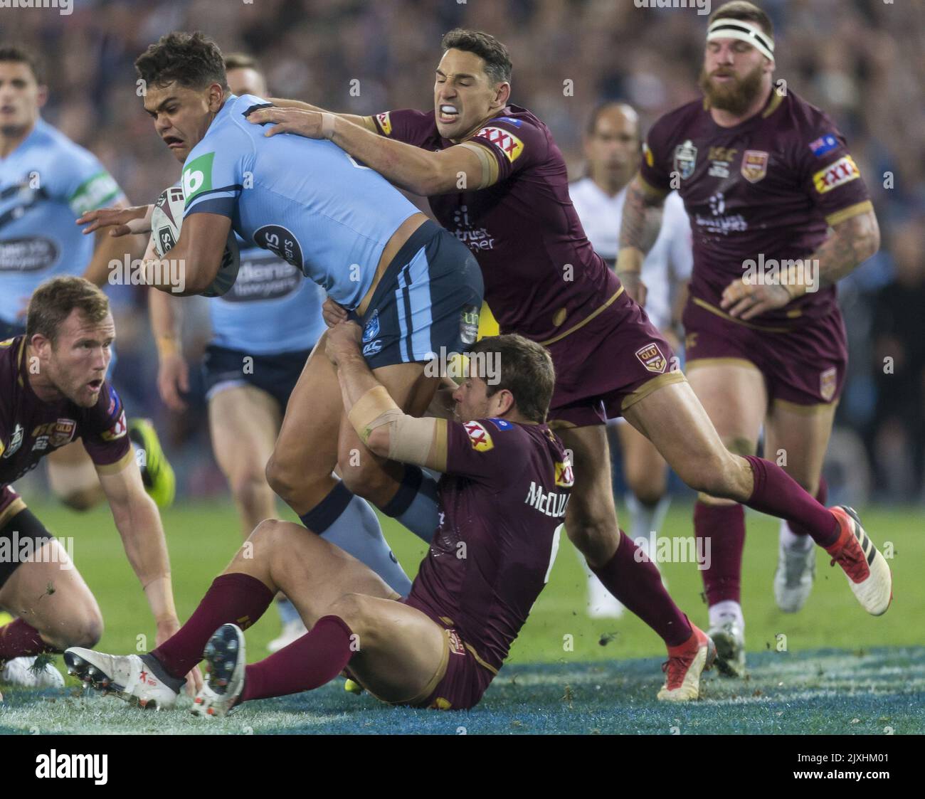 Latrell Mitchell of the Blues makes a break during Game 2 of the 2018 ...