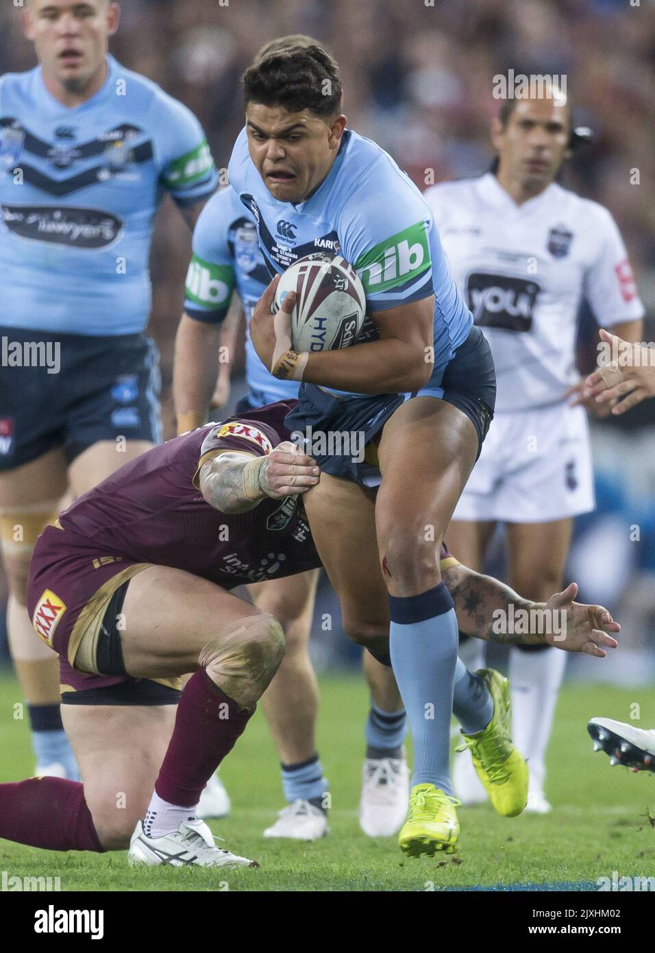 Latrell Mitchell of the Blues makes a break during Game 2 of the 2018 ...