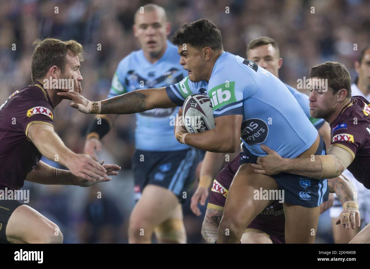 Latrell Mitchell of the Blues makes a break during Game 2 of the 2018 ...