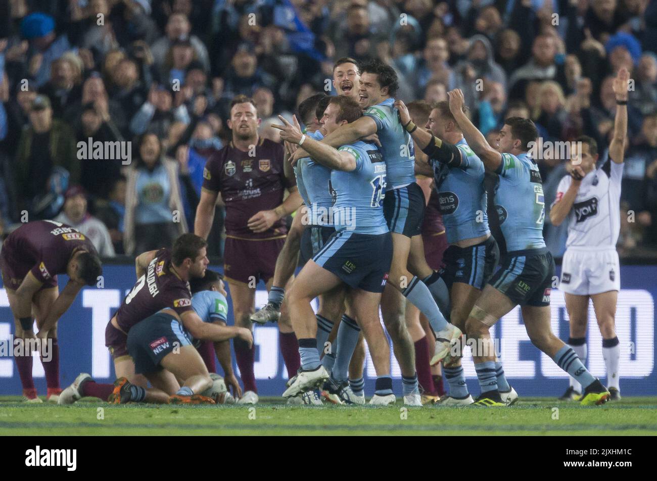 The Blues celebrate at full time of Game 2 of the 2018 State of Origin ...