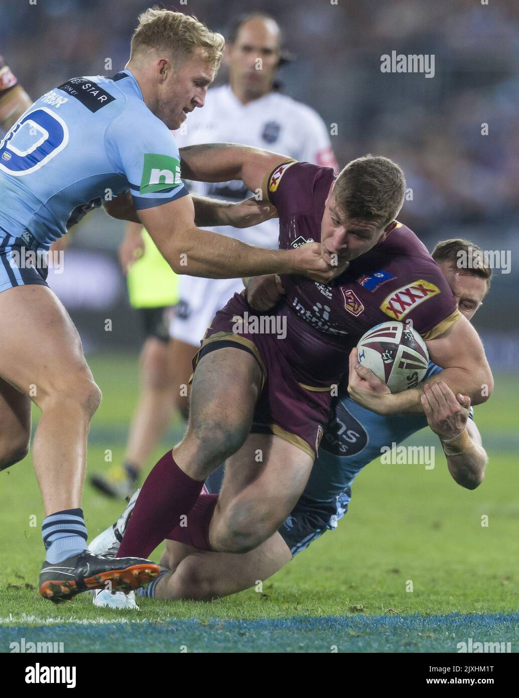 Jai Arrow of the Maroons is tackled during Game 2 of the 2018 State of ...