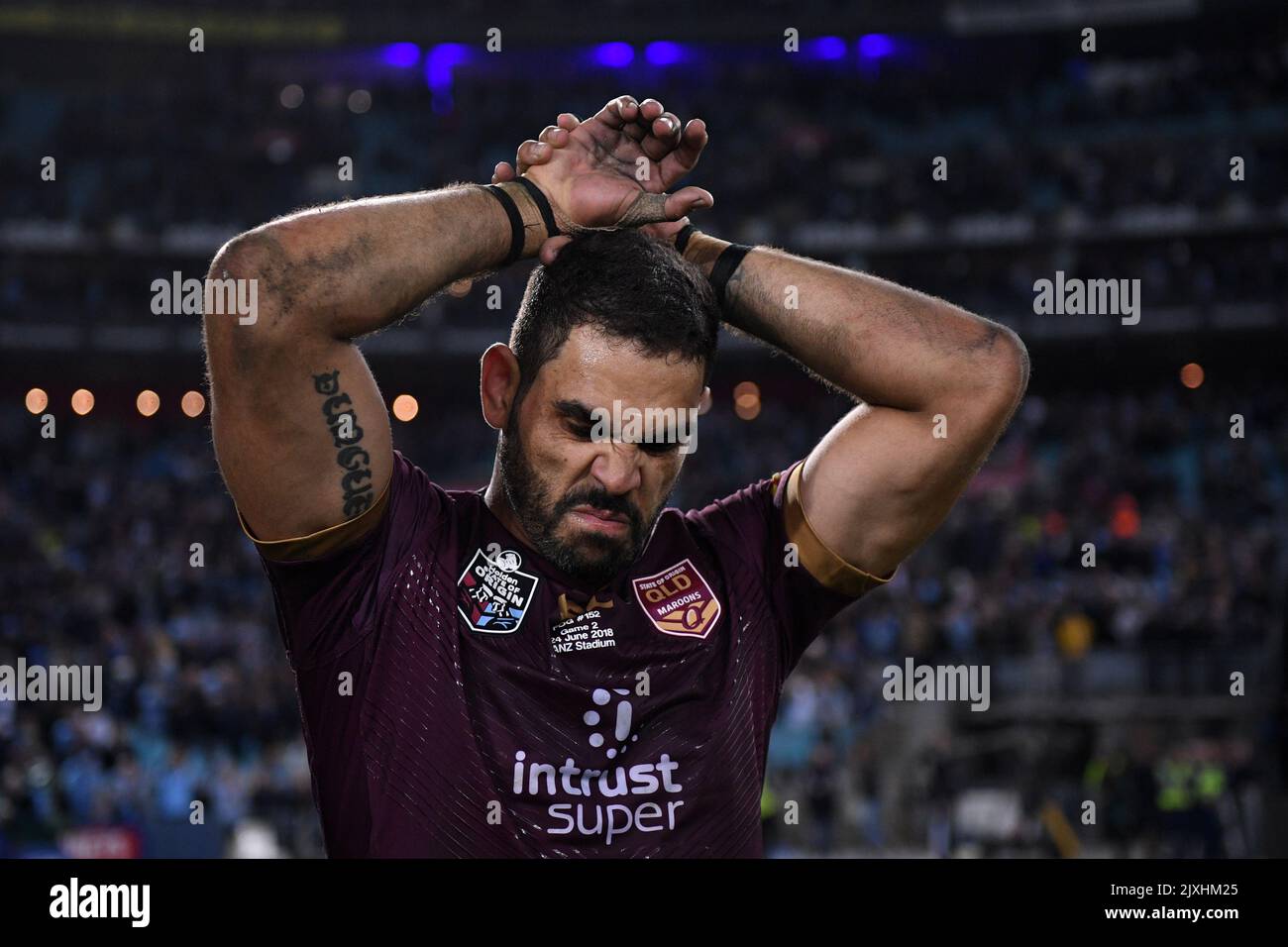 Greg Inglis of the Queensland Maroons reacts during Game 2 of the 2018 ...