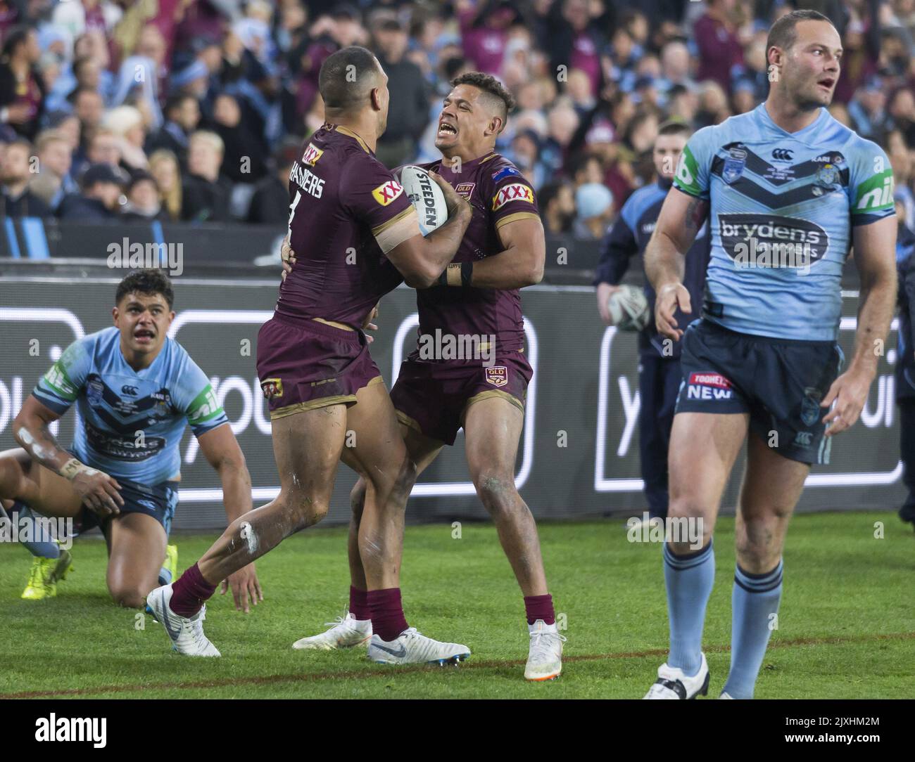 Will Chambers of the Maroons scores during Game 2 of the 2018 State of ...