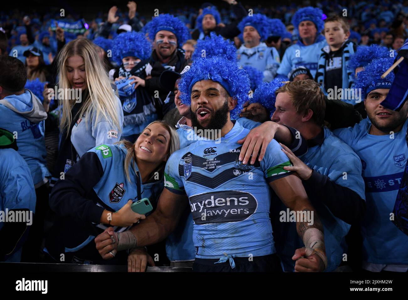 James Tedesco of the NSW Blues celebrates with fans following Game 2 of ...