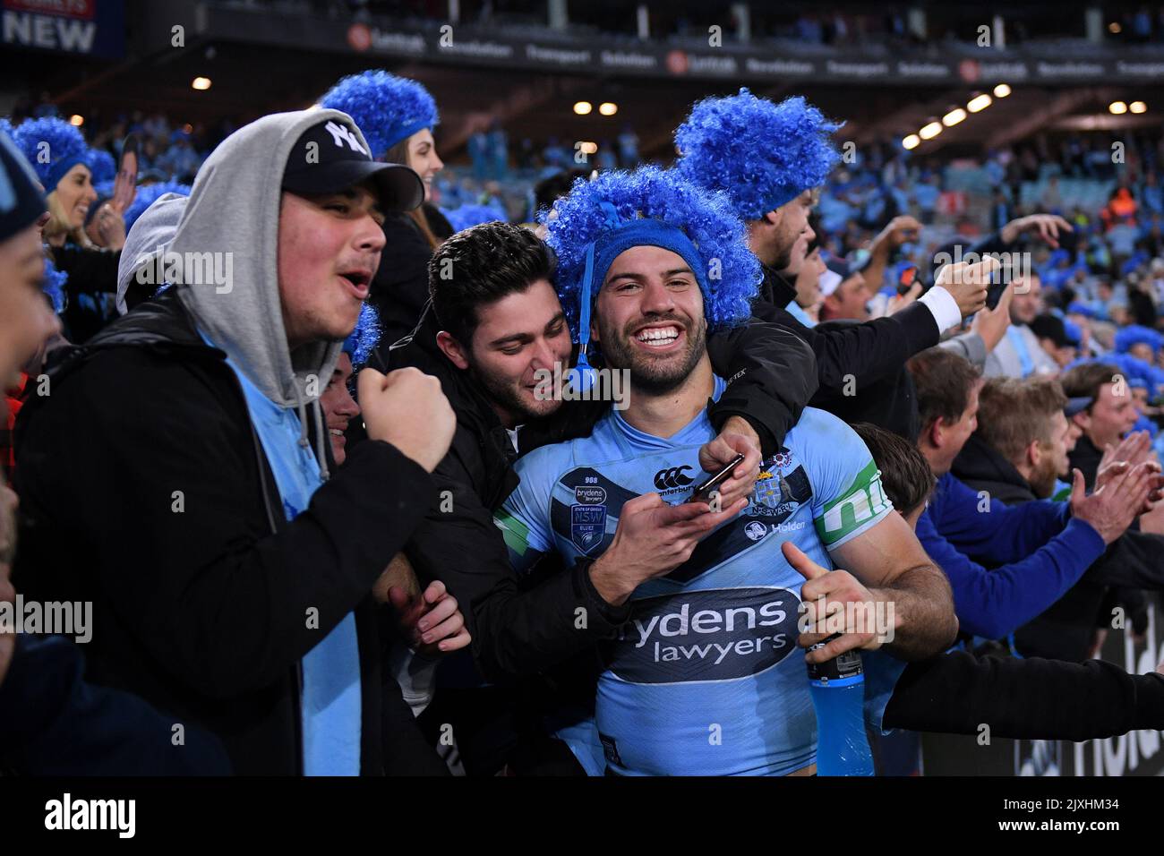 James Tedesco of the NSW Blues celebrates with fans following Game 2 of ...
