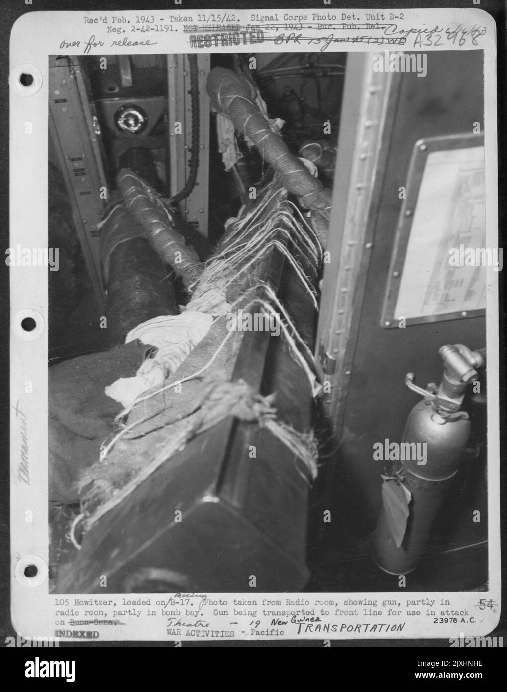 105 Howitzer, loaded on Boeing B-17. Photo taken from Radio room ...