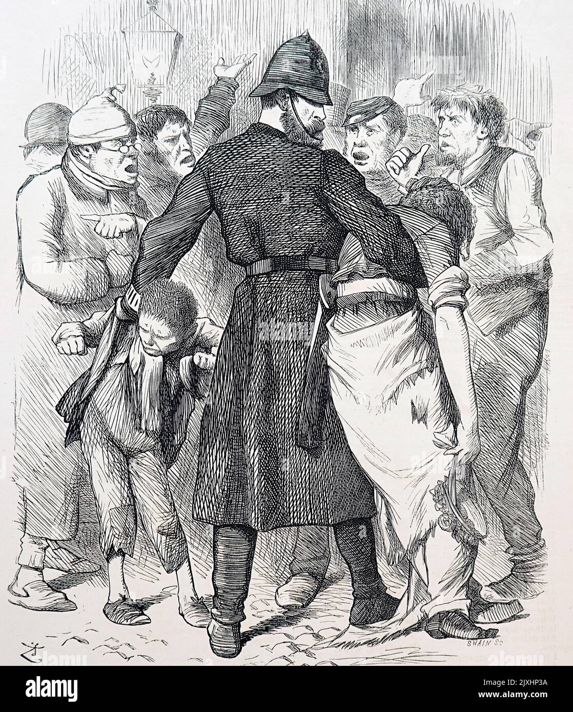 Illustration depicting a policeman restraining two youths. Dated 19th ...