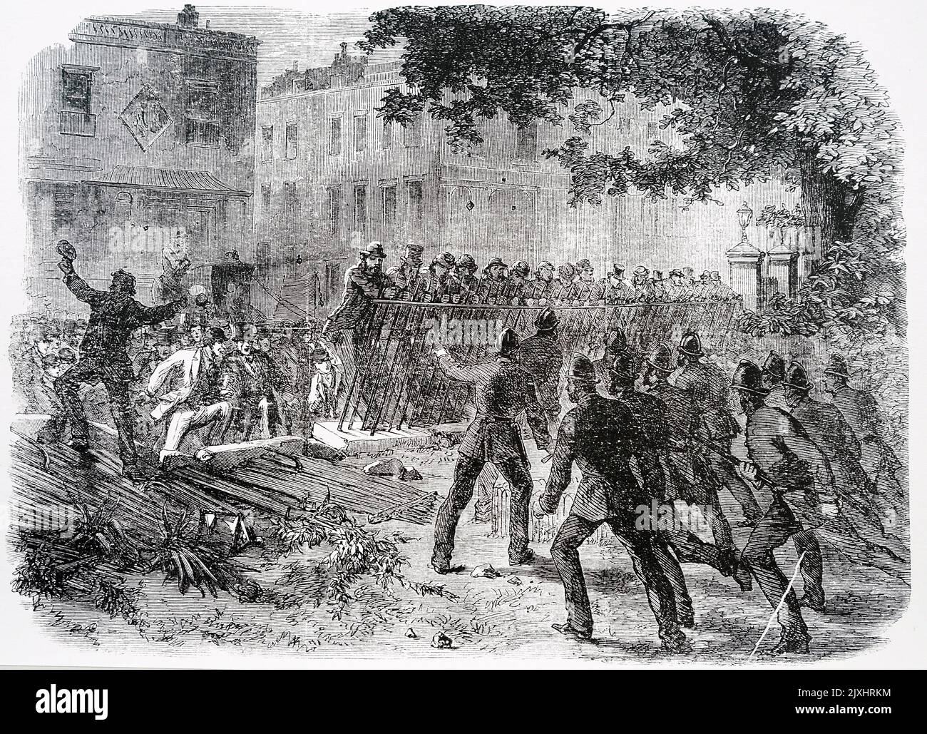 Illustration depicting riots in Hyde Park, London, showing a mob ...