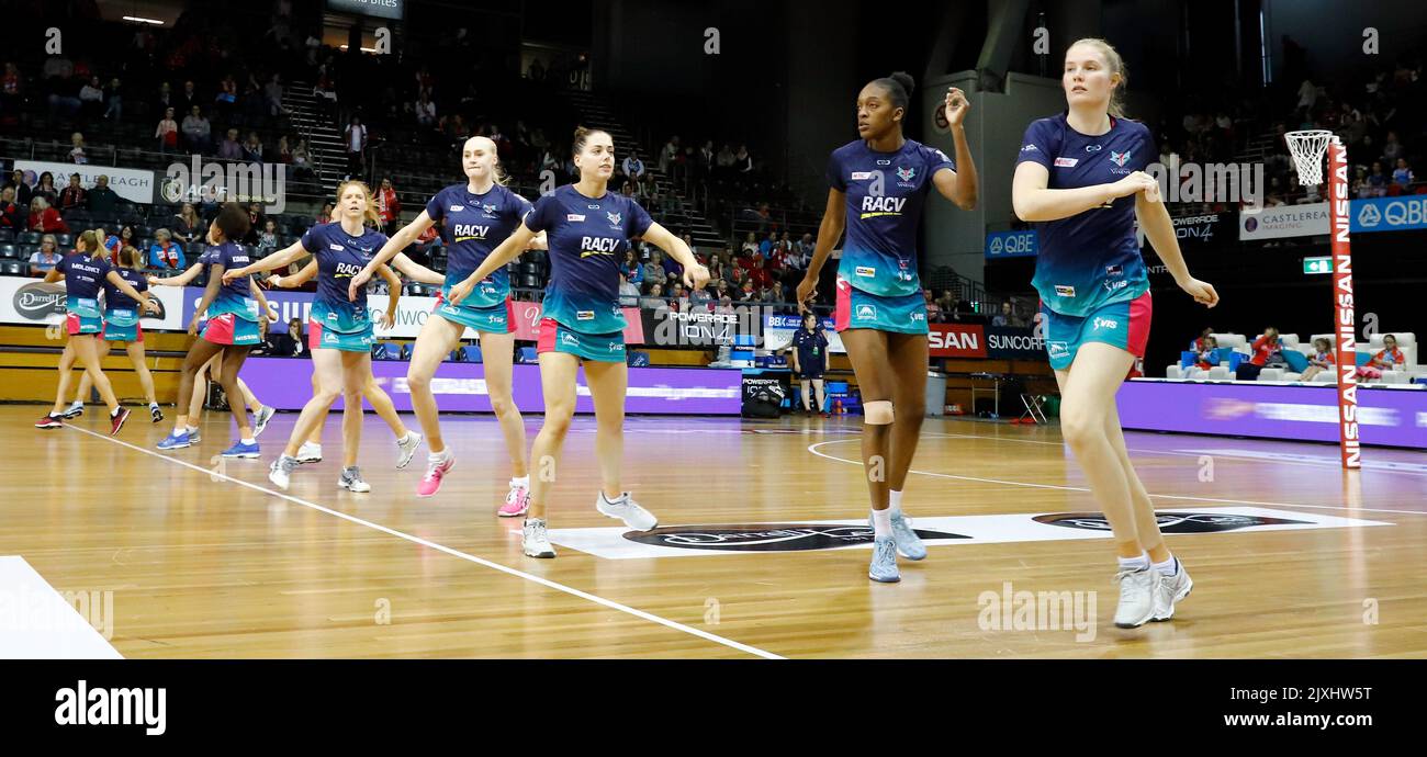 The Melbourne Vixens warm up prior to the Round 9 Super Netball match ...