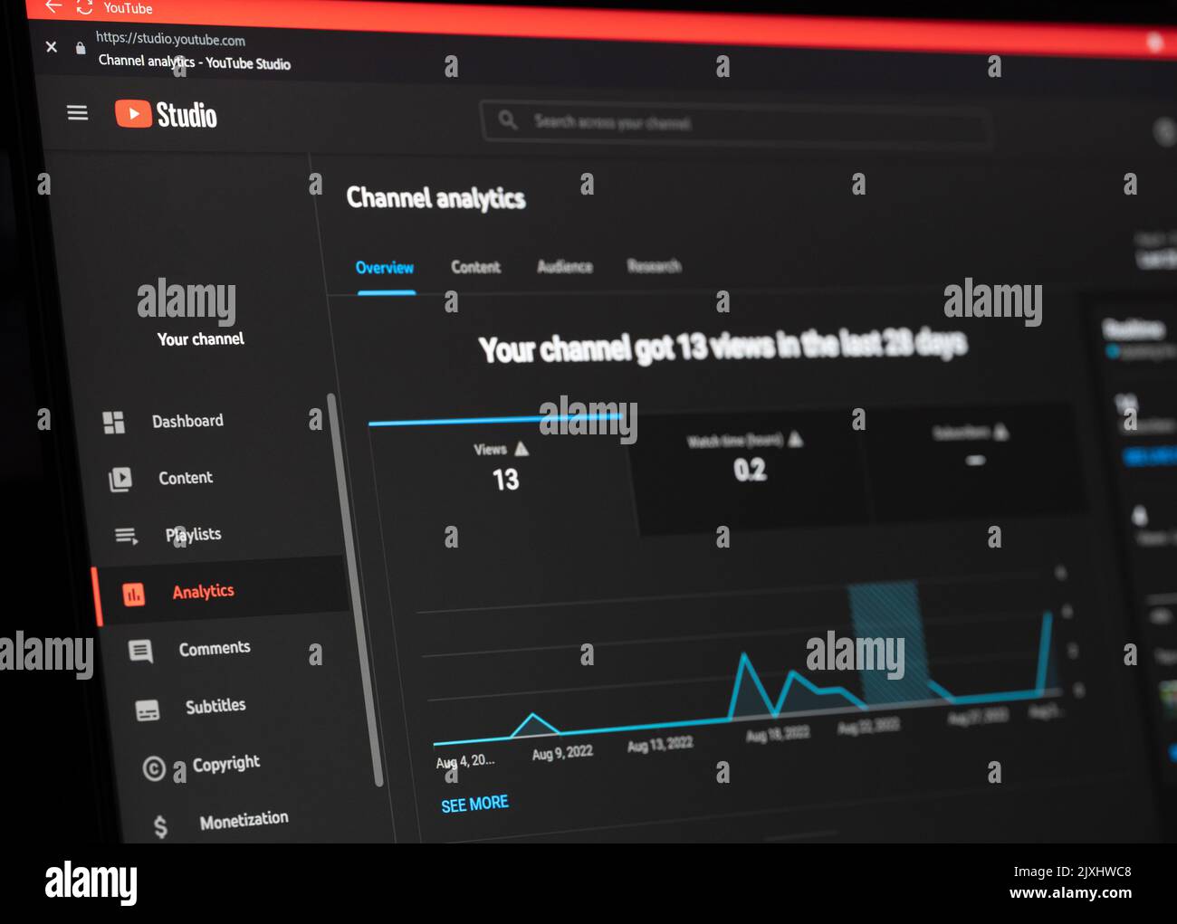 New york, USA - september 1, 2022: Checking Youtube studio channel ...