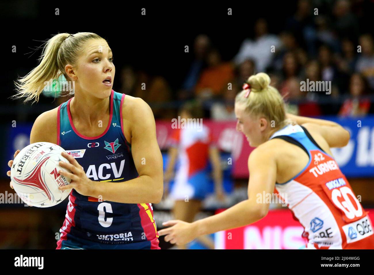 Captain of the Vixens Kate Moloney looks for a pass during the Round 9 ...