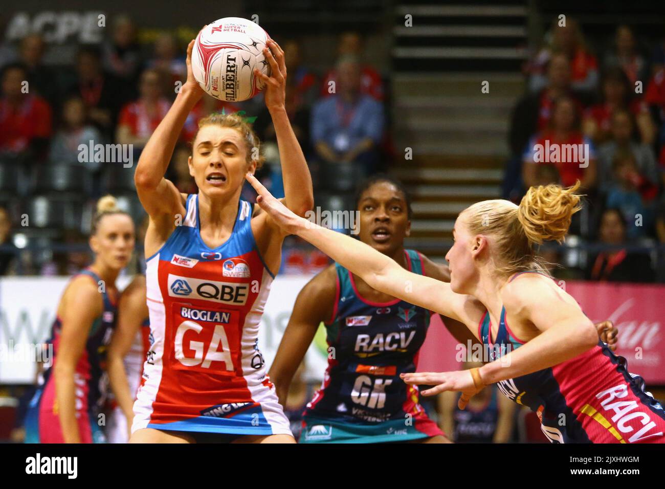 Helen Housby of the Swifts gathers the ball during the Round 9 Super ...