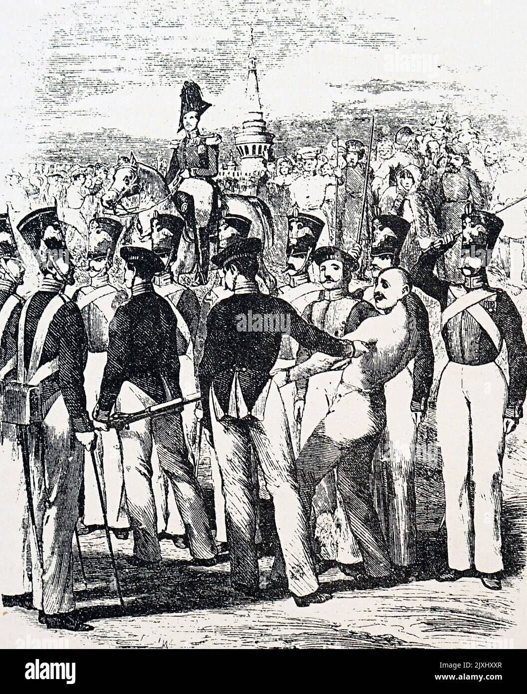 Illustration of a Russian soldier running the gauntlet being led ...