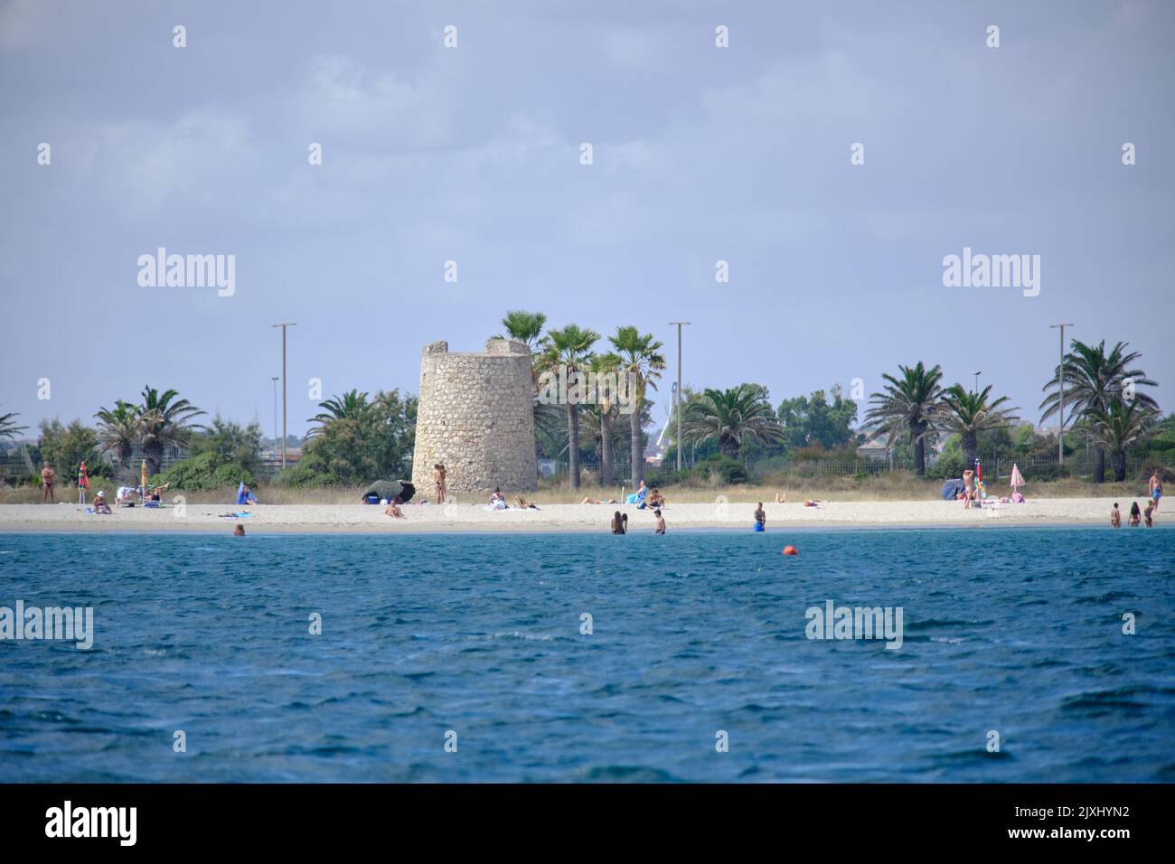 the beach of Poetto and spanish tower, Sardinia, Italy. 2022 august ...
