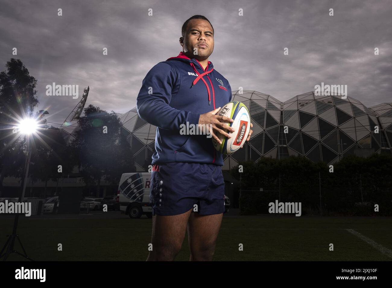 Melbourne Rebels prop Sam Talakai poses for a photograph before a team ...