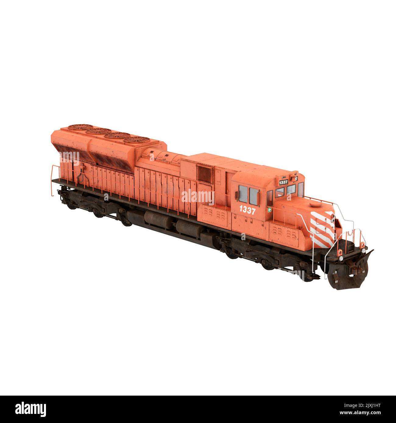 An orange mini locomotive model isolated on white vertical background ...