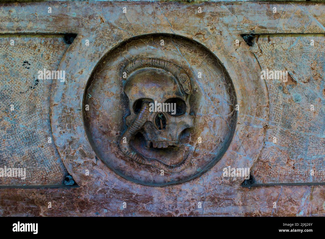 Carving of a Snake and Skull in St Sebastian's Cemet Stock Photo - Alamy