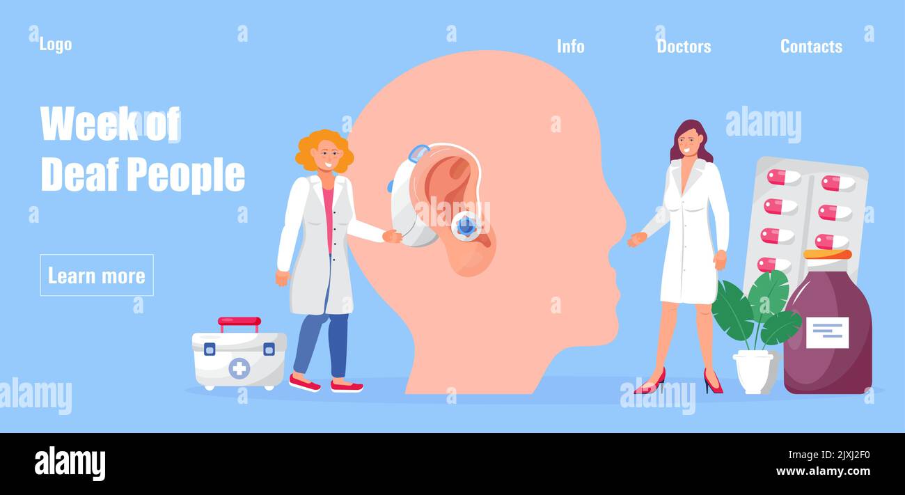 World Deaf Day in last Sunday of September concept. Tiny doctors give ...