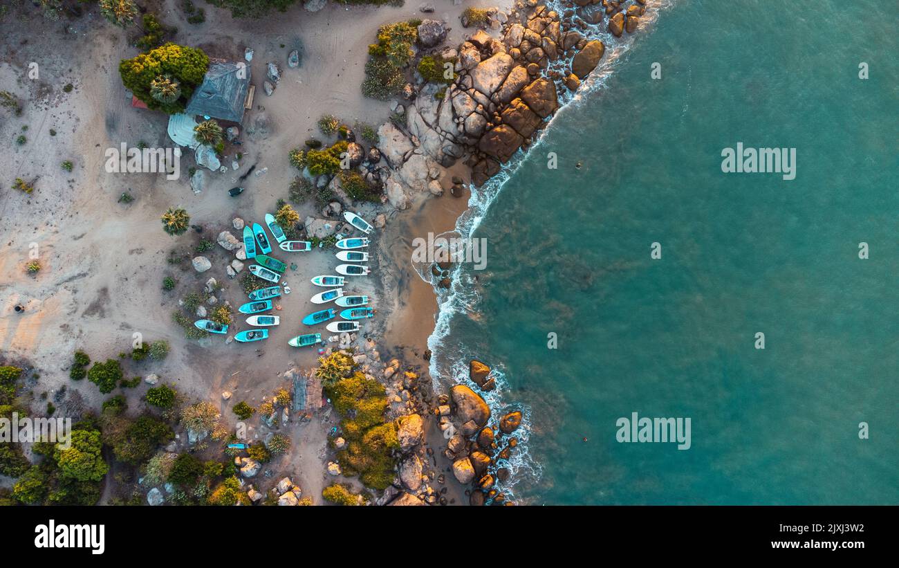 Ocean landscape, rocky coast, drone shot, water and beach, Arugam Bay ...
