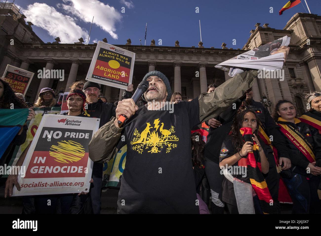 Robbie Thorpe talks during a NAIDOC week march in Melbourne, Friday ...