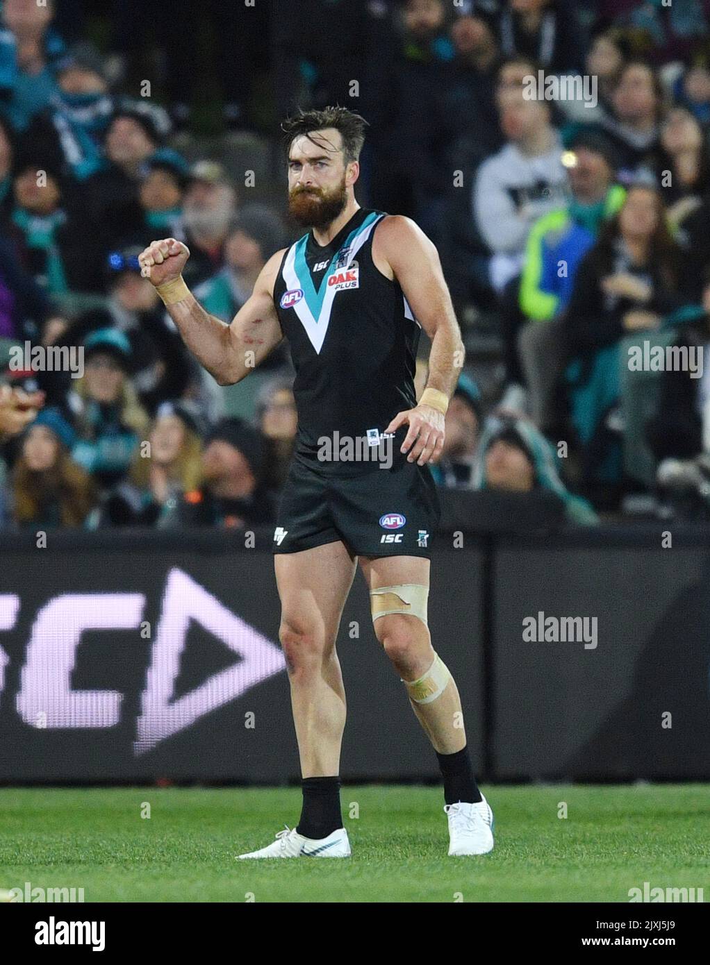 Charlie Dixon of the Power reacts after scoring during the Round 16 AFL ...