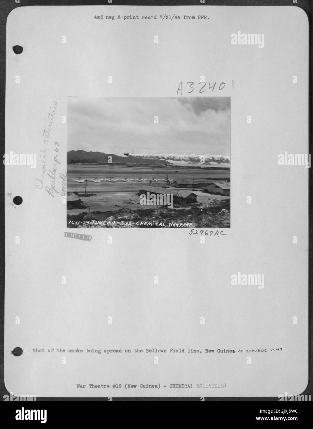 Shot of the smoke being spread on the Bellows Field line, New Guinea by ...