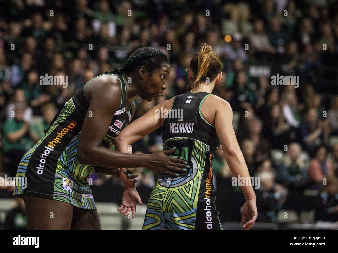 Jhaniele Fowler of the West Coast Feverand Natalie Medhurst of the West ...