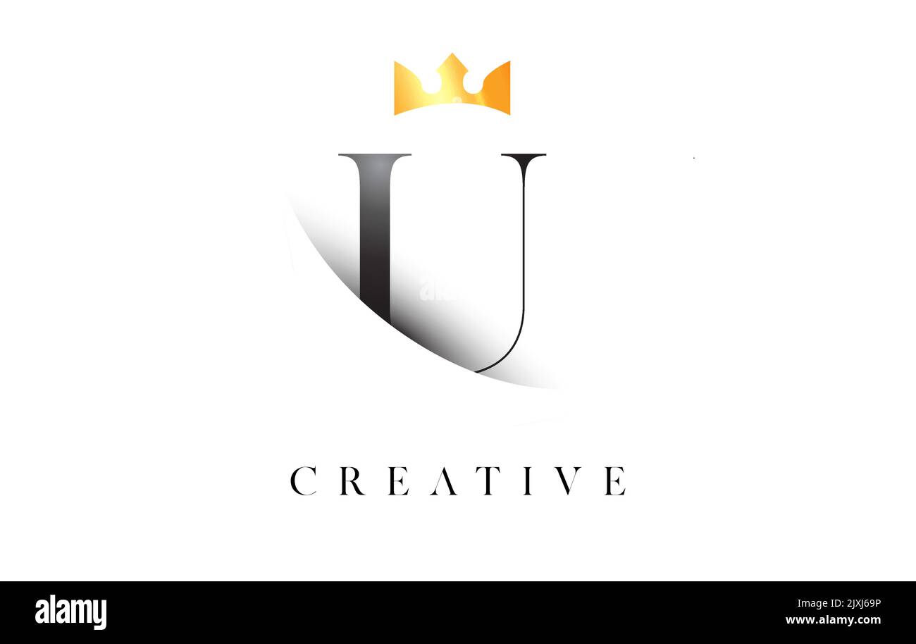 U Letter Logo Design with Golden Luxury Royal Crown Icon and Shadow ...