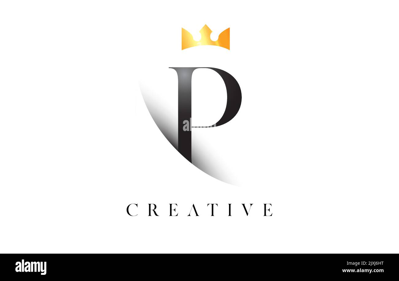 P Letter Logo Design with Golden Luxury Royal Crown Icon and Shadow ...