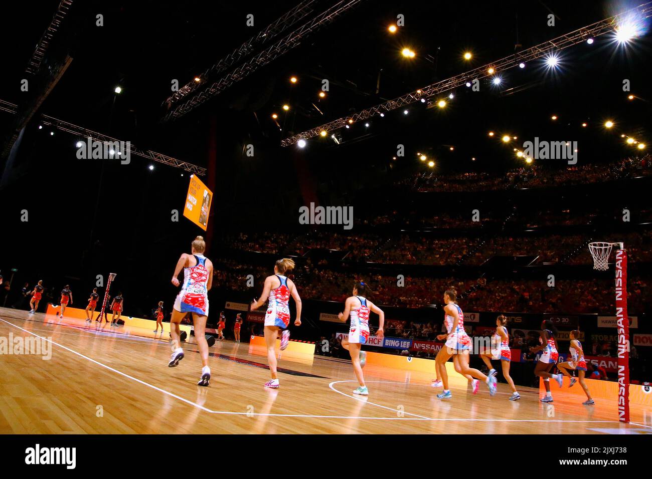 Giants and Swifts players warm up ahead of the Round 10 Super Netball ...