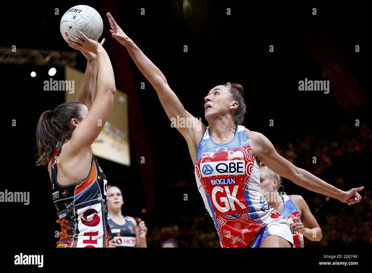 Sarah Klau of the Swifts defends during the Round 10 Super Netball ...