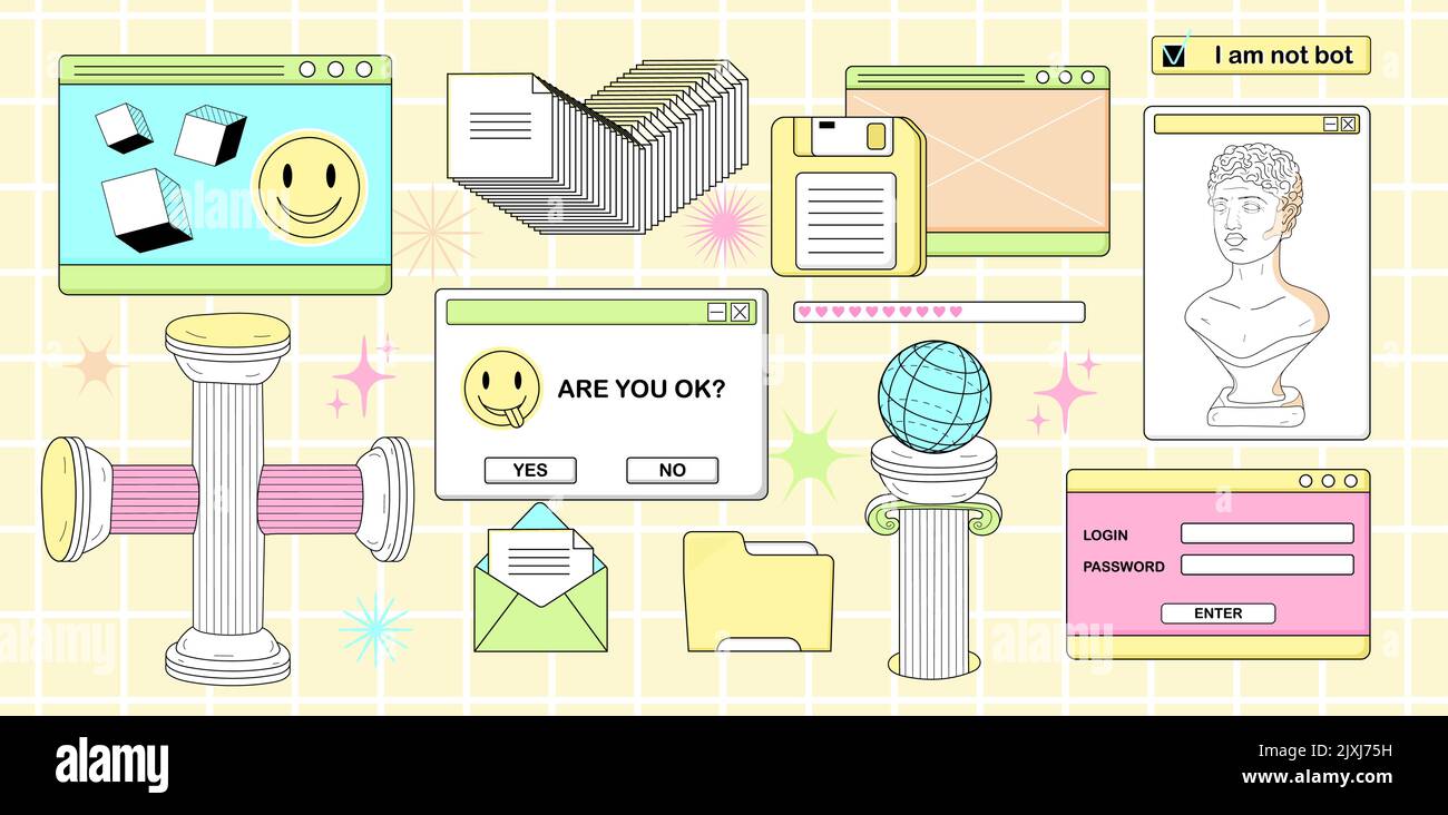 Retro browser computer window vector illustration of UI and UX. Funny ...