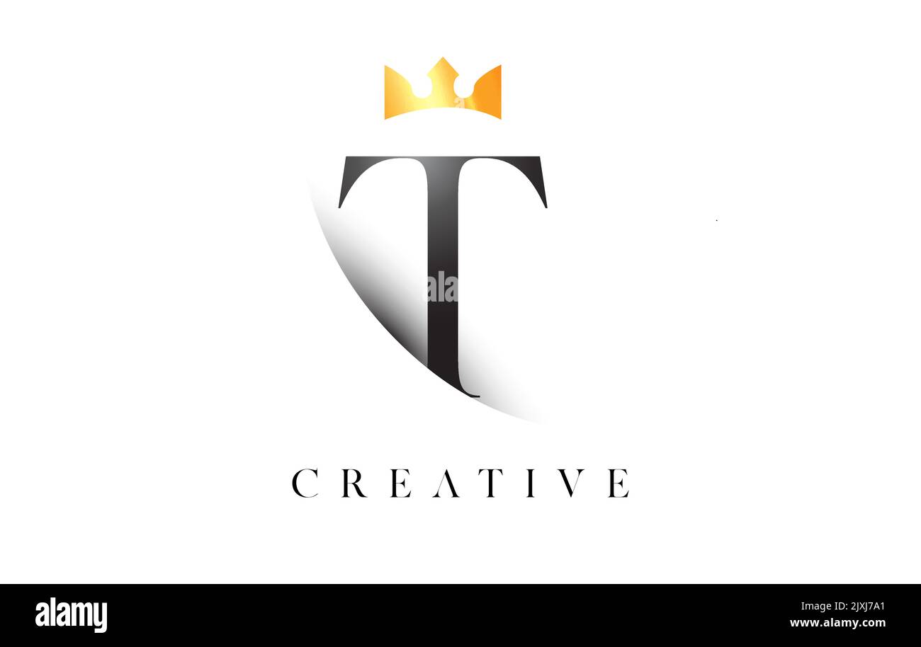 T Letter Logo Design with Golden Luxury Royal Crown Icon and Shadow ...