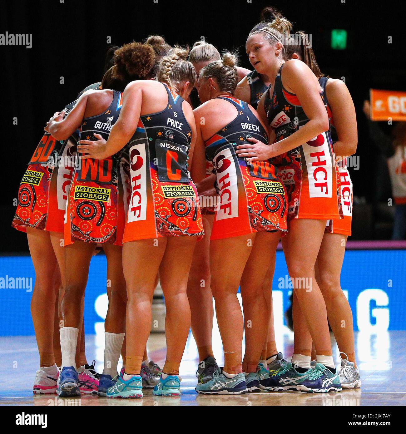 Giants players celebrate following the Round 10 Super Netball match ...