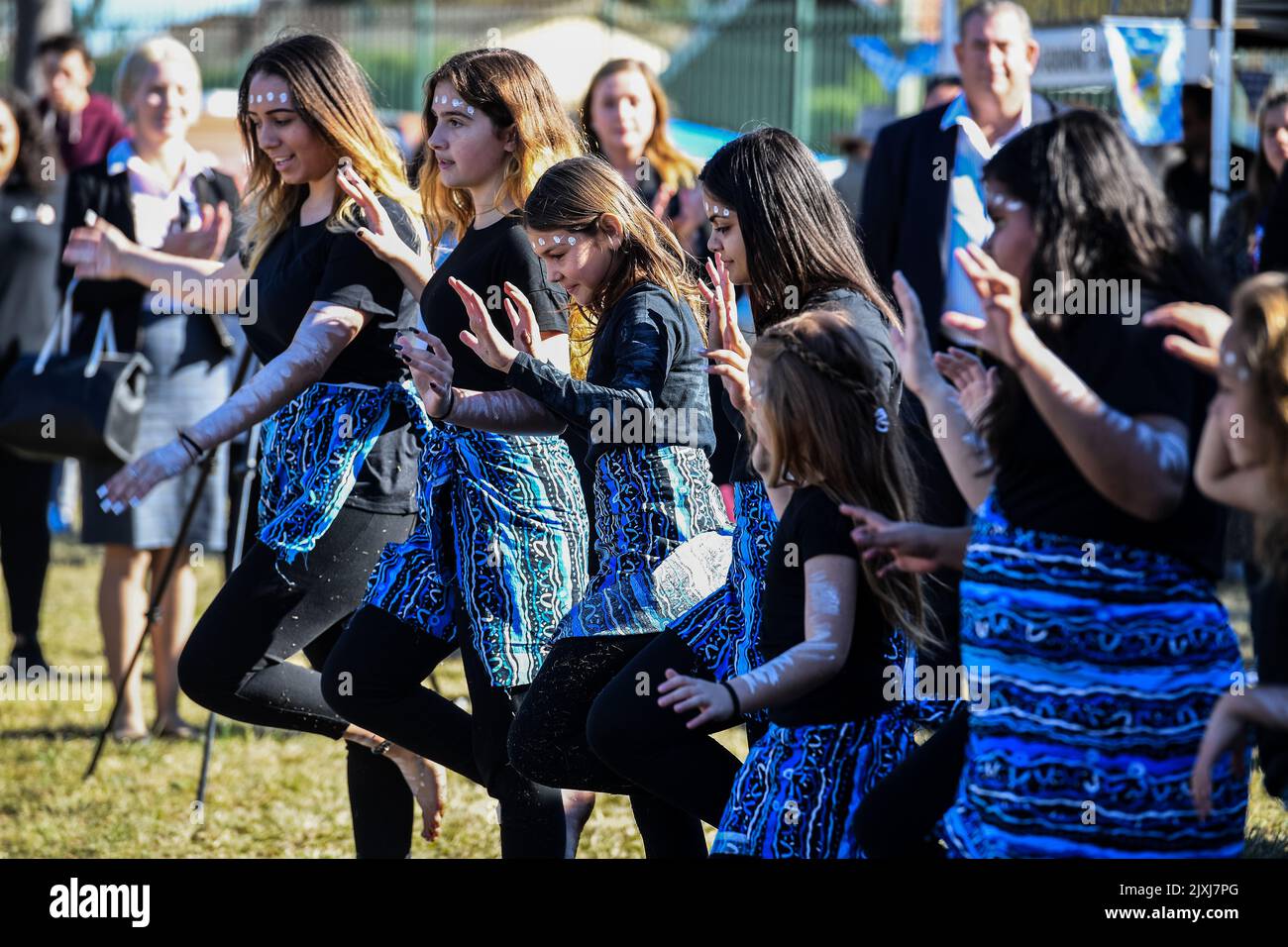 Members of the Mehi Mob dance group perform during a visit by NSW Premier Gladys Berejiklian to ...