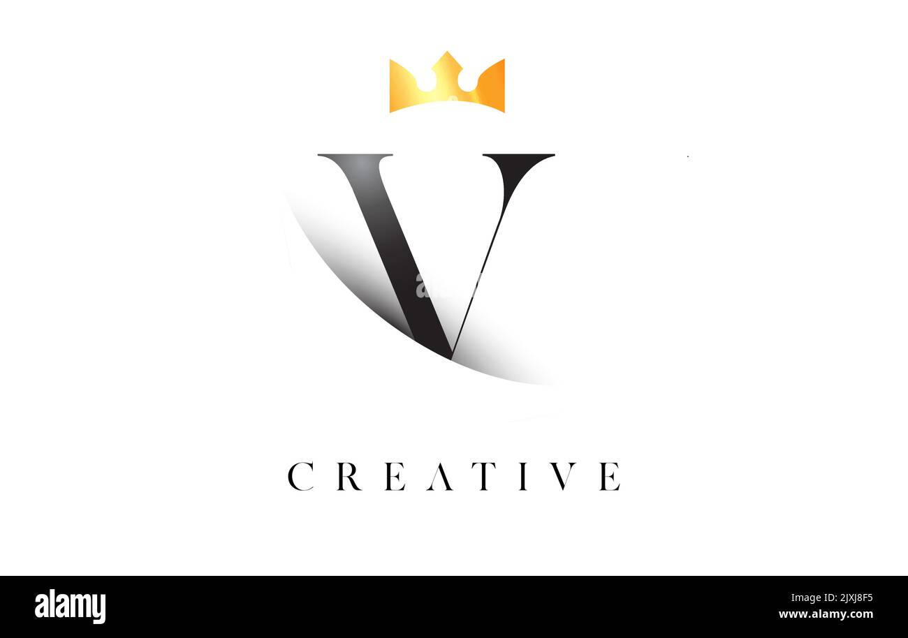 V Letter Logo Design with Golden Luxury Royal Crown Icon and Shadow ...