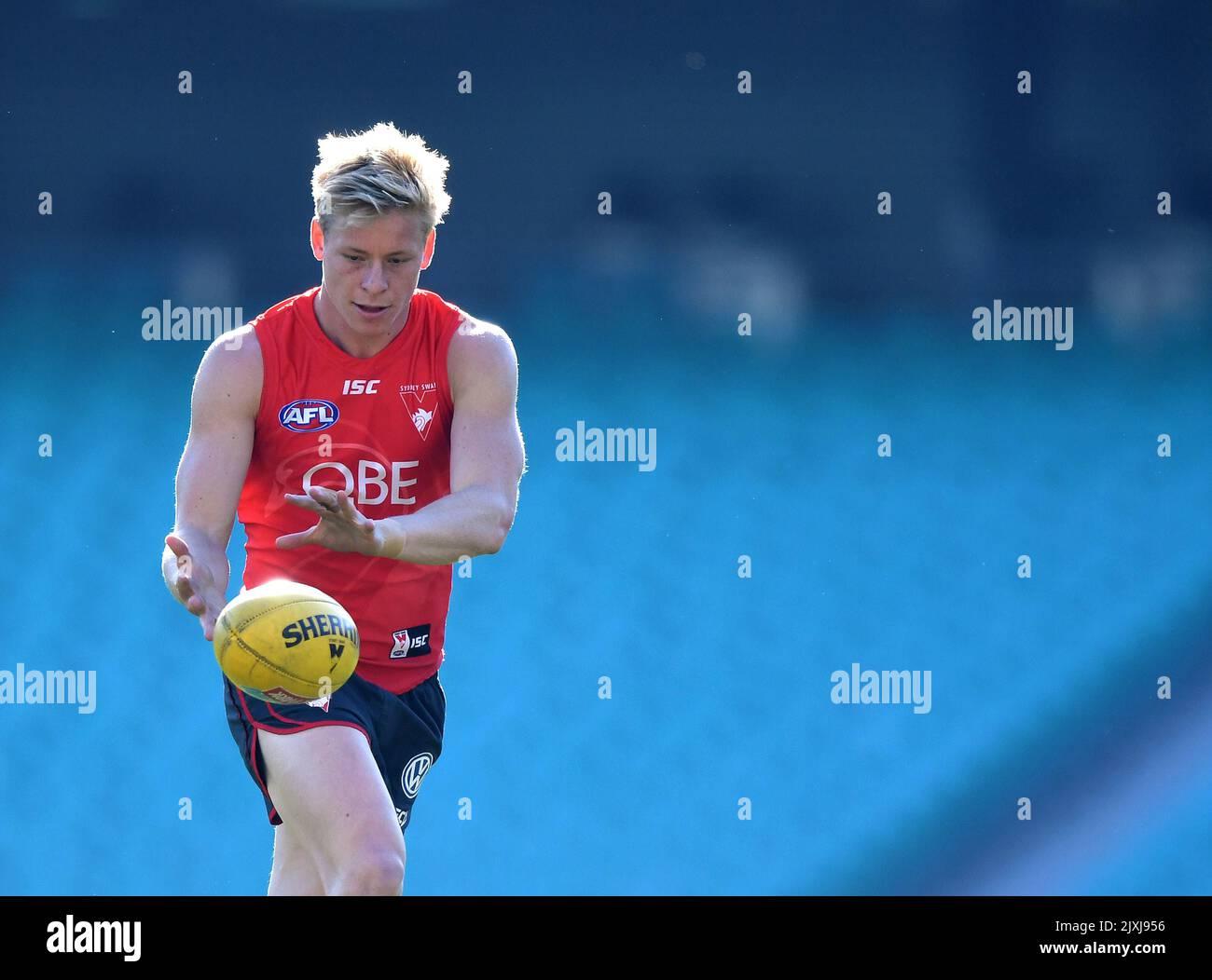 Isaac Heaney of the Sydney Swans catches a ball during a team training ...