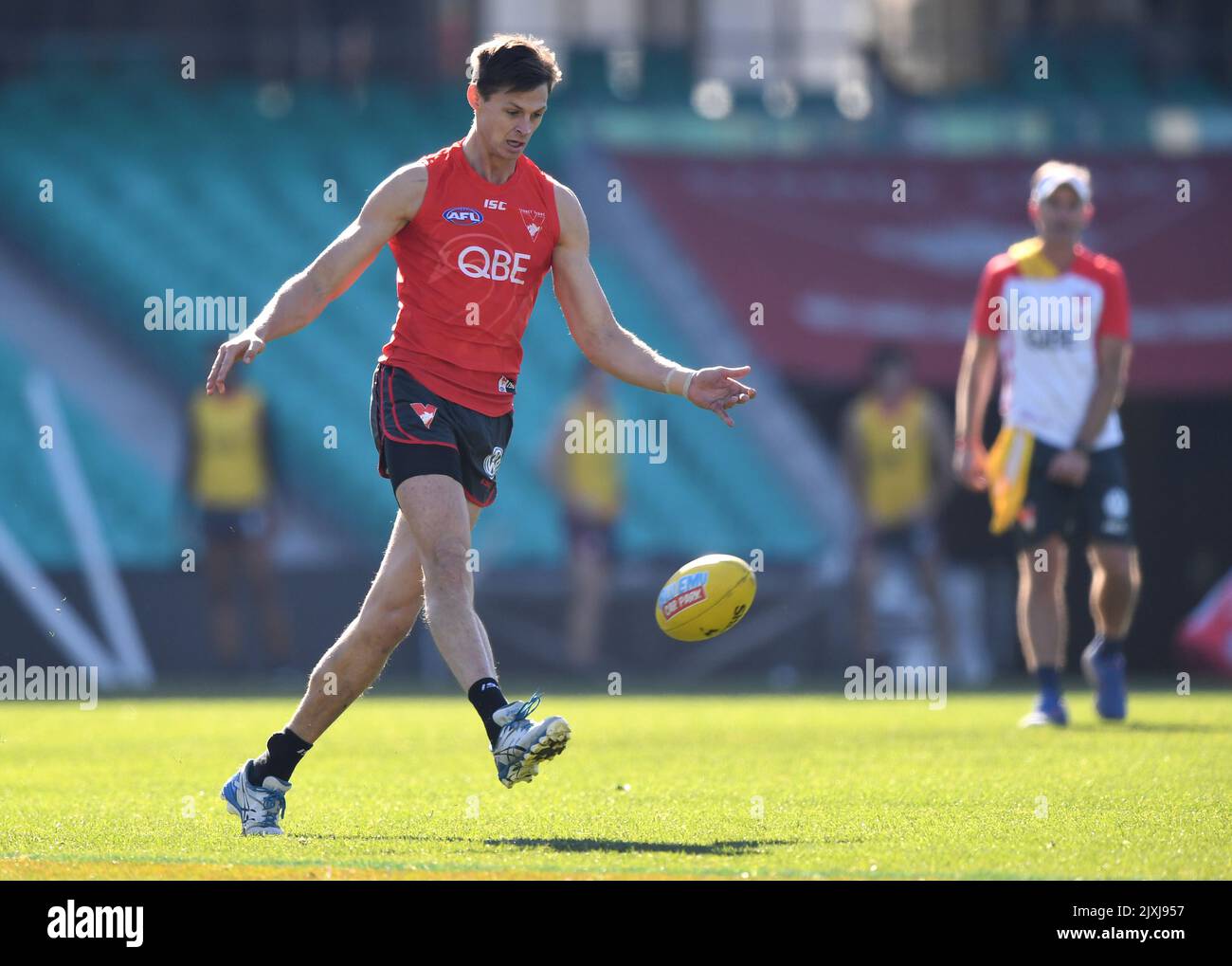 Callum Sinclair of the Sydney Swans kicks a ball during a team training ...